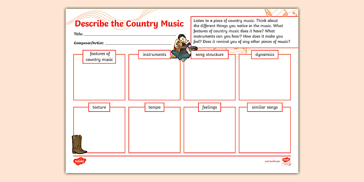 👉 Describing a Piece of Country Music Worksheet - Twinkl