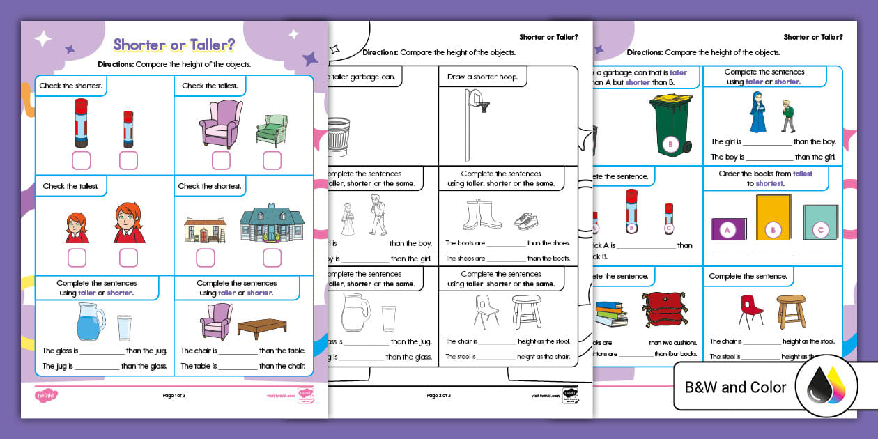 First Grade Comparing Length - Shorter and Taller Worksheet