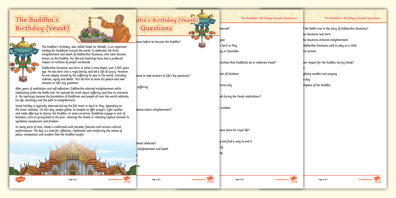 The Buddha's Birthday Reading Comprehension 3-6 - Twinkl