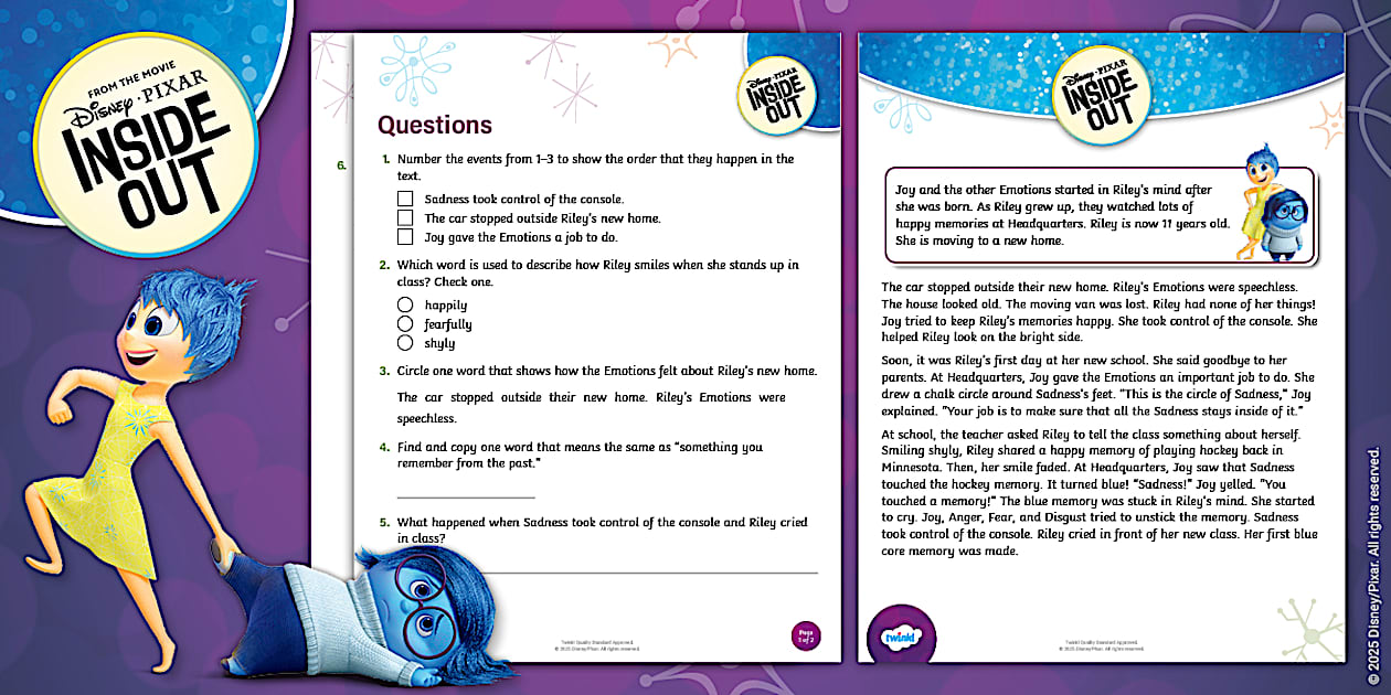 Inside Out: First Grade Reading Comprehension Worksheet Inside Out: First Grade Reading Comprehension Worksheet