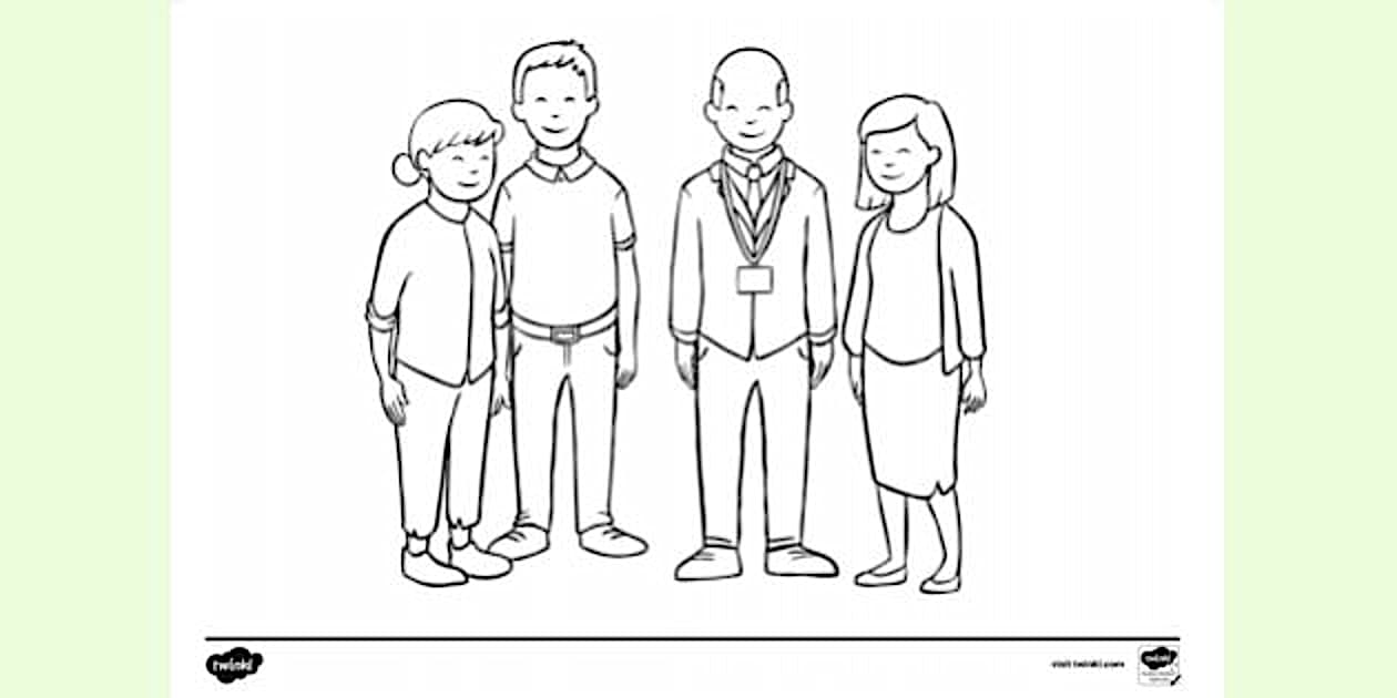 Family, Teacher, Visitor with Badge Colouring Sheet