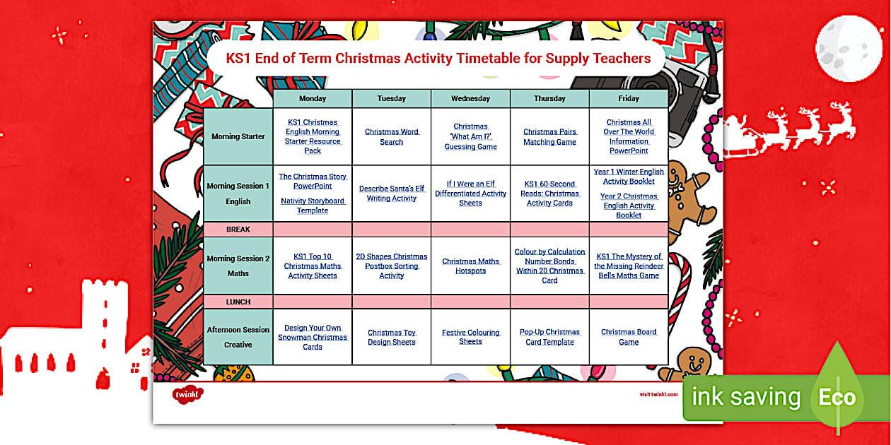 KS1 End of Term Christmas Activity Timetable for Supply Teachers