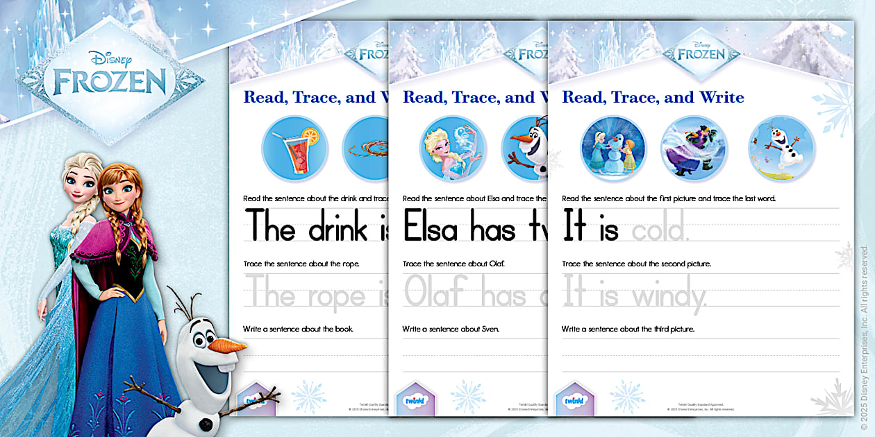 Frozen: Read, Trace, and Write Worksheets - Twinkl