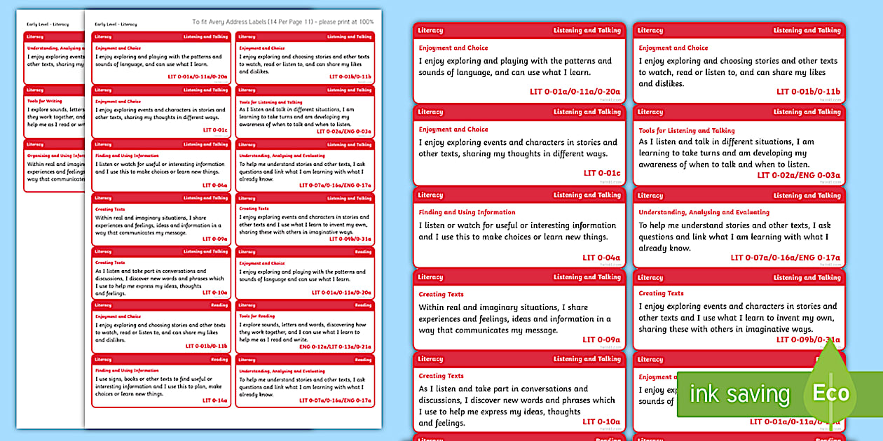 Editable CfE Early Level Literacy and English Experiences and Outcomes