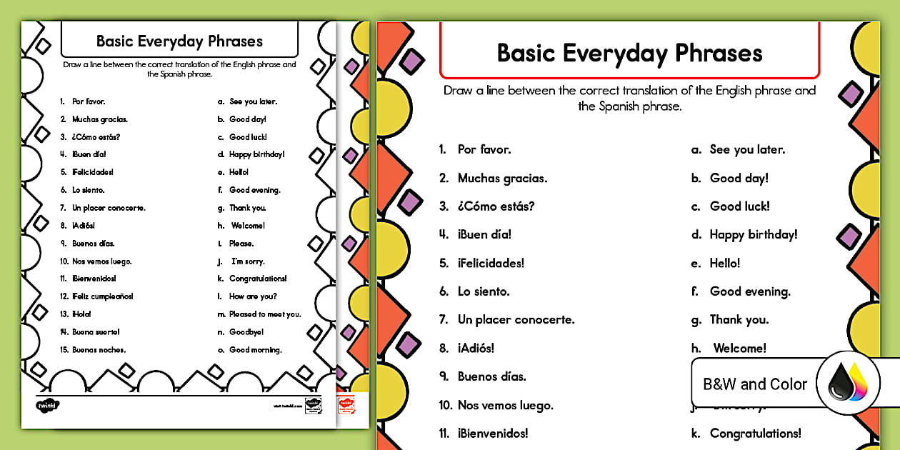 Common Spanish Phrases Matching Worksheet | Twinkl USA