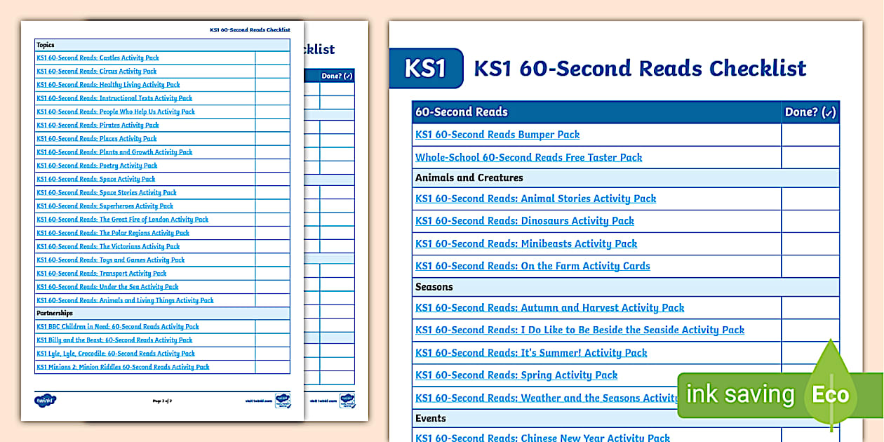 KS1 60-Second Reads Checklist (teacher made) - Twinkl