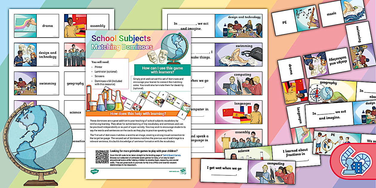 School Subjects Matching Dominoes Game for Learners of EAL