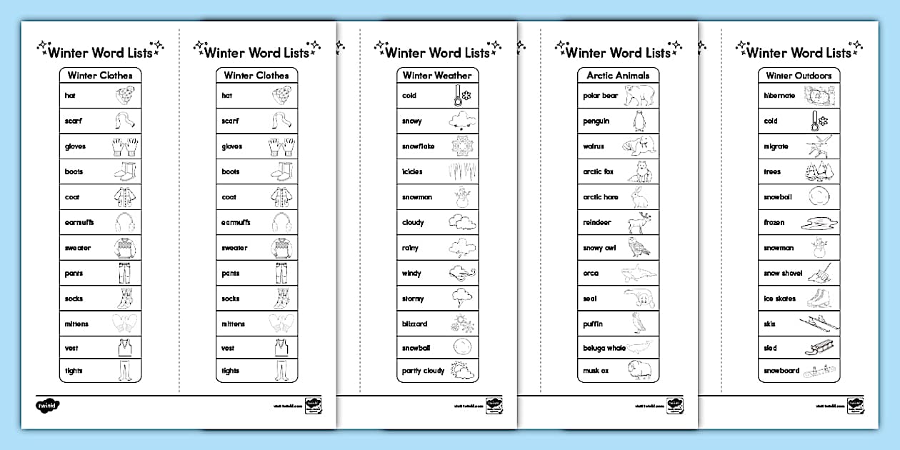 Mini Lists of Winter Words for Kindergarten | Twinkl USA