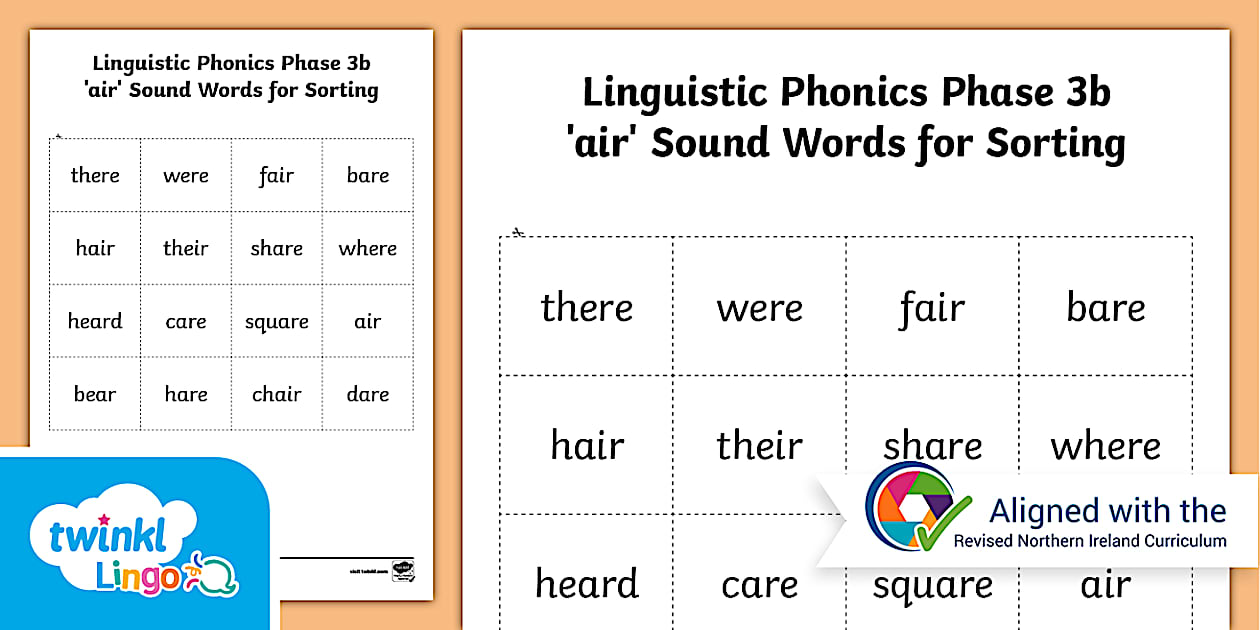 NI Linguistic Phonics 3b 'air' Sound Words for Sorting Sheet