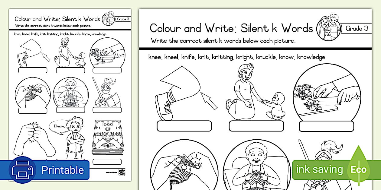 Grade 3 Phonics Colouring Page Silent k