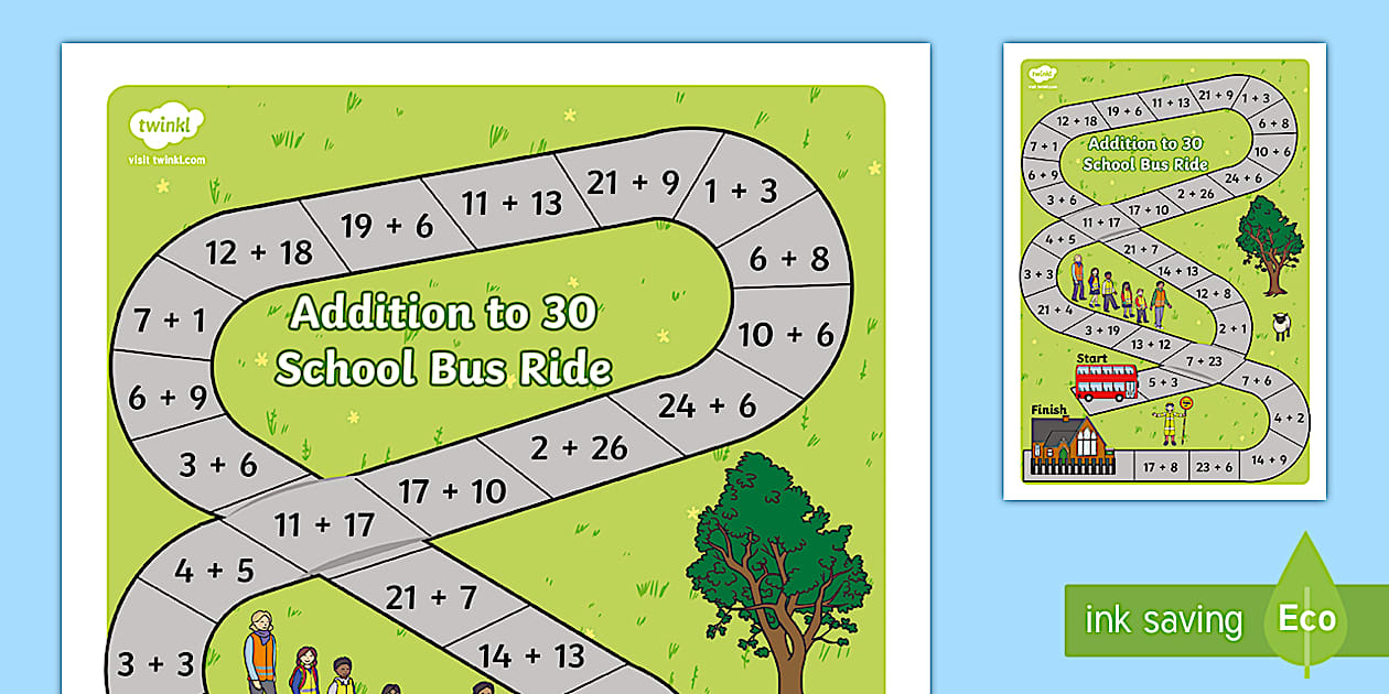 Black and White Addition Bus to 30 Board Game (teacher made)