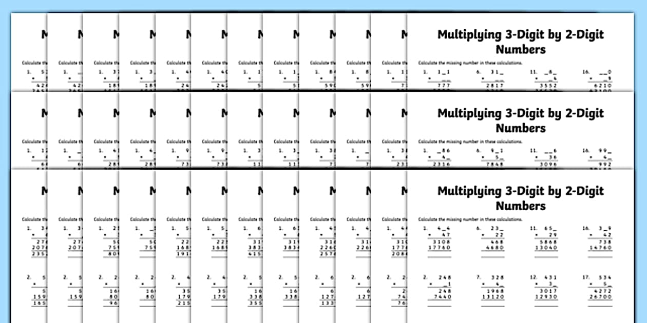 Multiplication 3-Digit x 2-Digit Missing Numbers Differentiated Worksheet