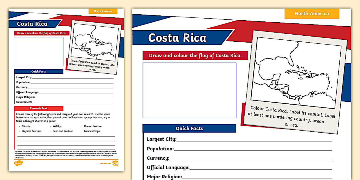 KS2 Costa Rica Research Activity (teacher made) - Twinkl