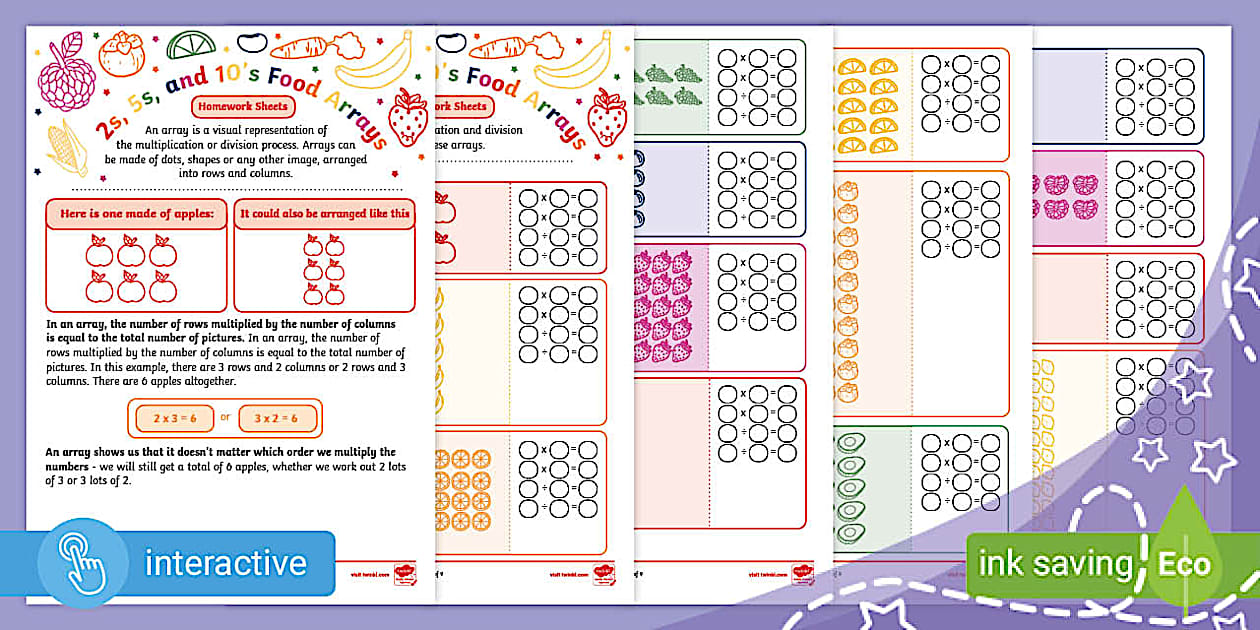 2s, 5s and 10s Food Arrays Homework Sheets (Ages 6 - 7)
