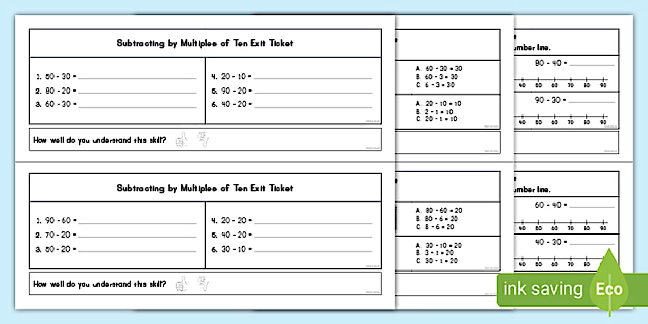 Subtracting by Multiples of Ten Exit Tickets (teacher made)