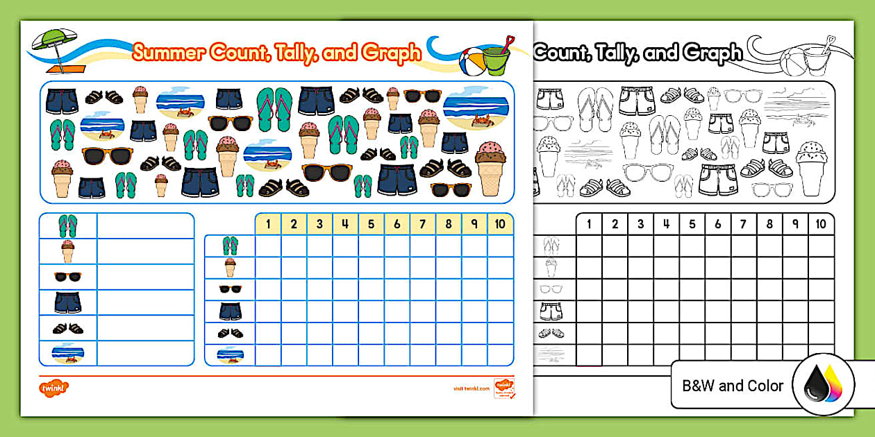 First Grade Summer Count, Tally, and Graph Worksheet