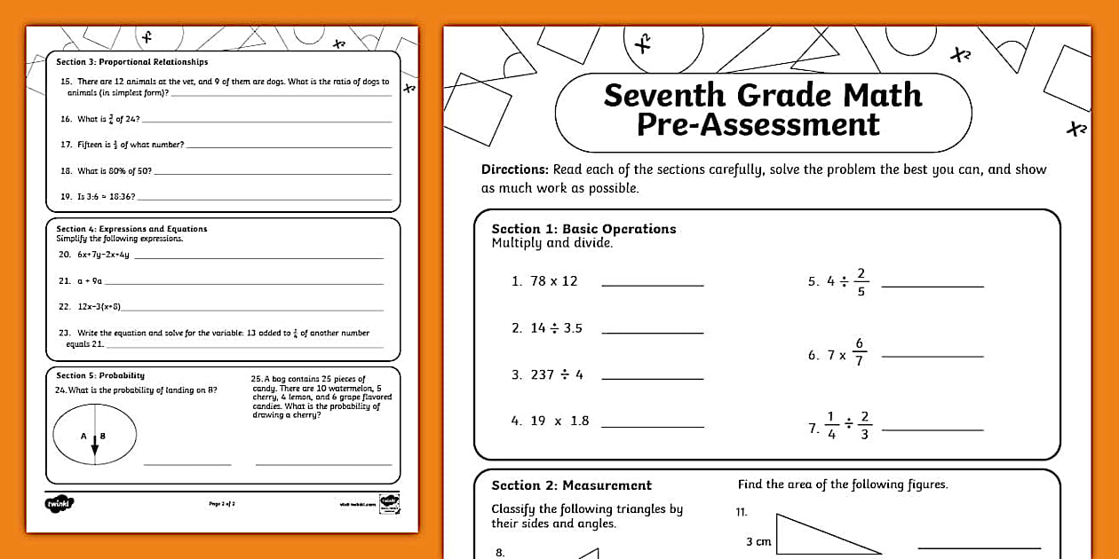 Seventh Grade Math Pre-Assessment (teacher made) - Twinkl