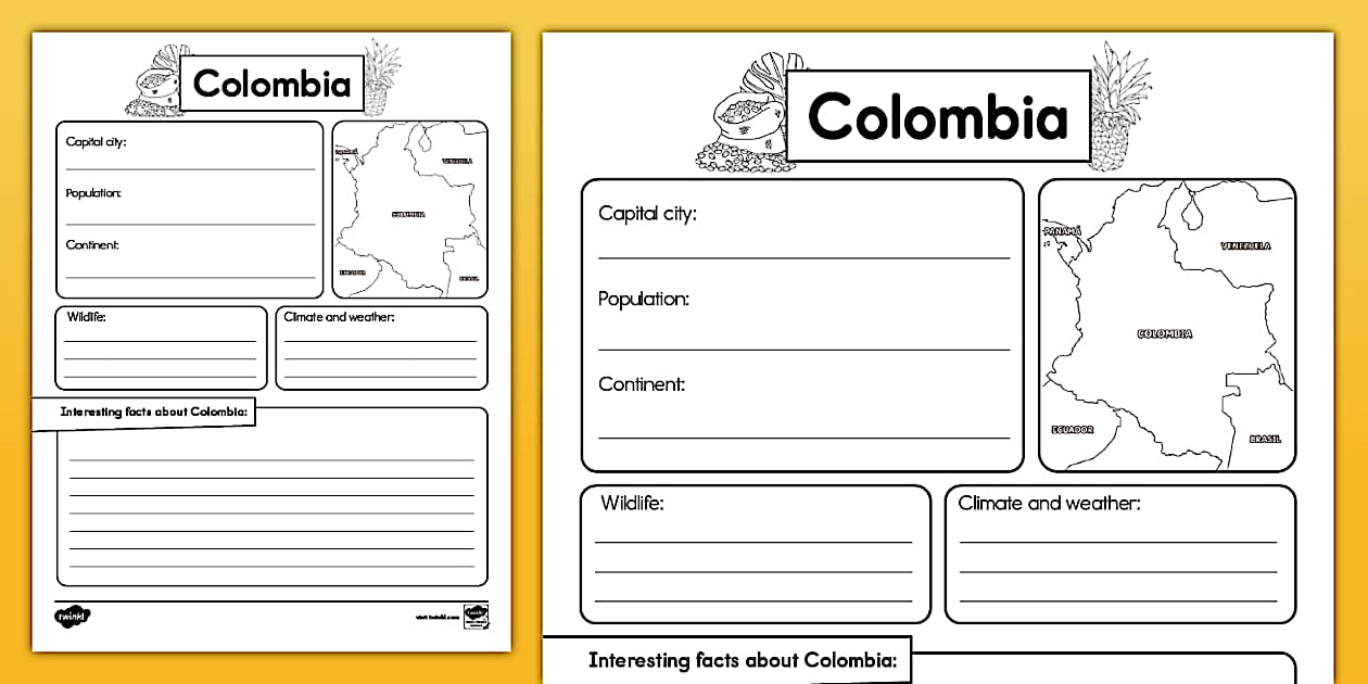 All About Colombia Research Worksheet for K-2nd Grade