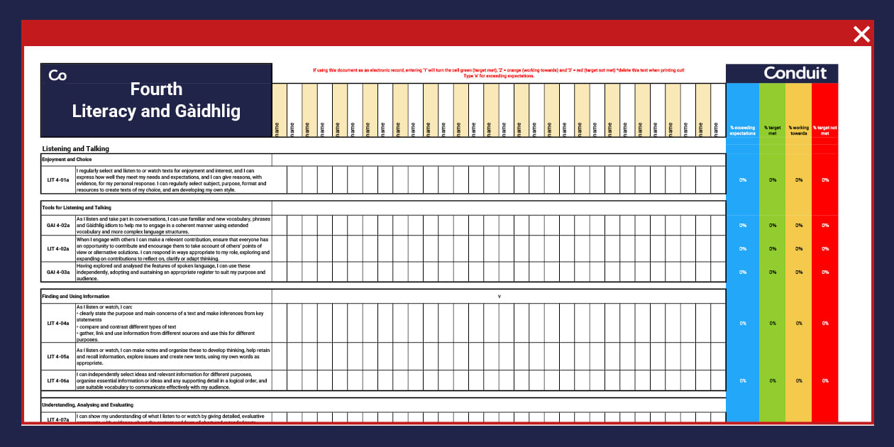 Literacy and Gàidhlig Fourth Level Assessment Spreadsheet