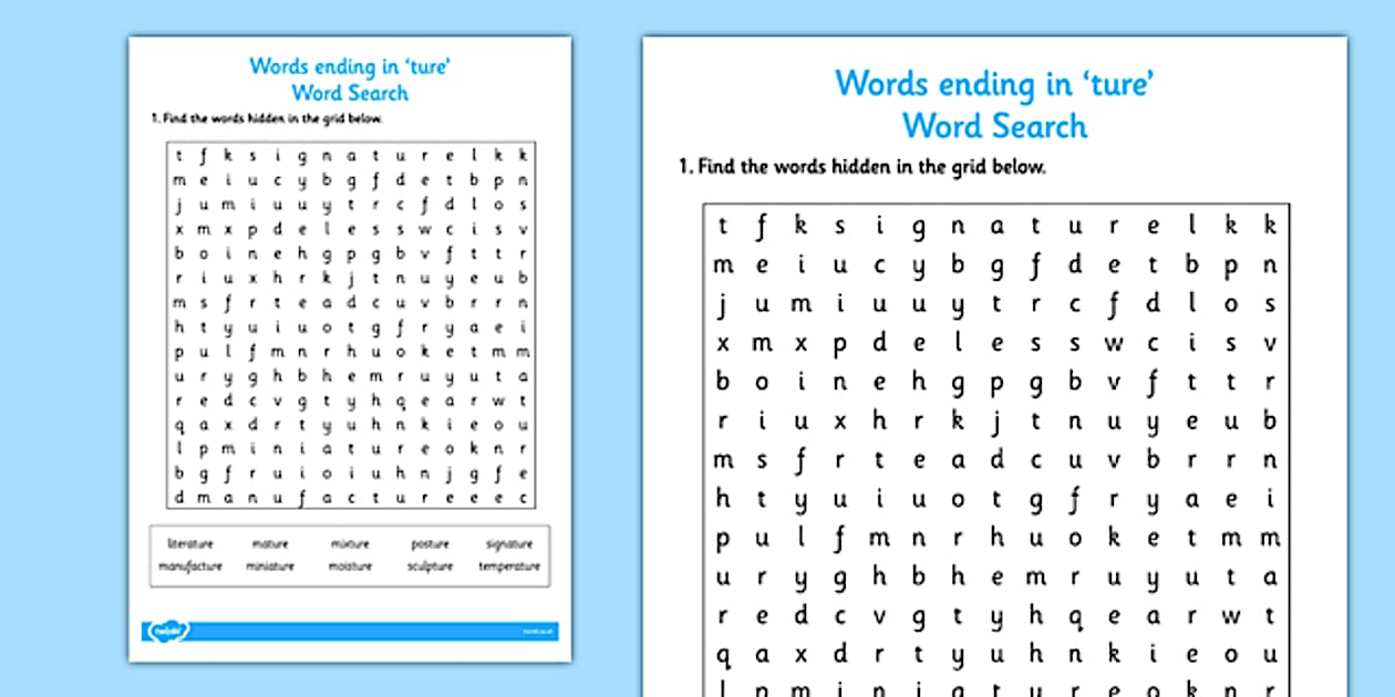 Black and White Words Ending in ture Word Search - Twinkl