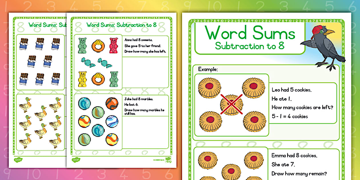 Grade R Word Problems Subtraction to 8 (teacher made)