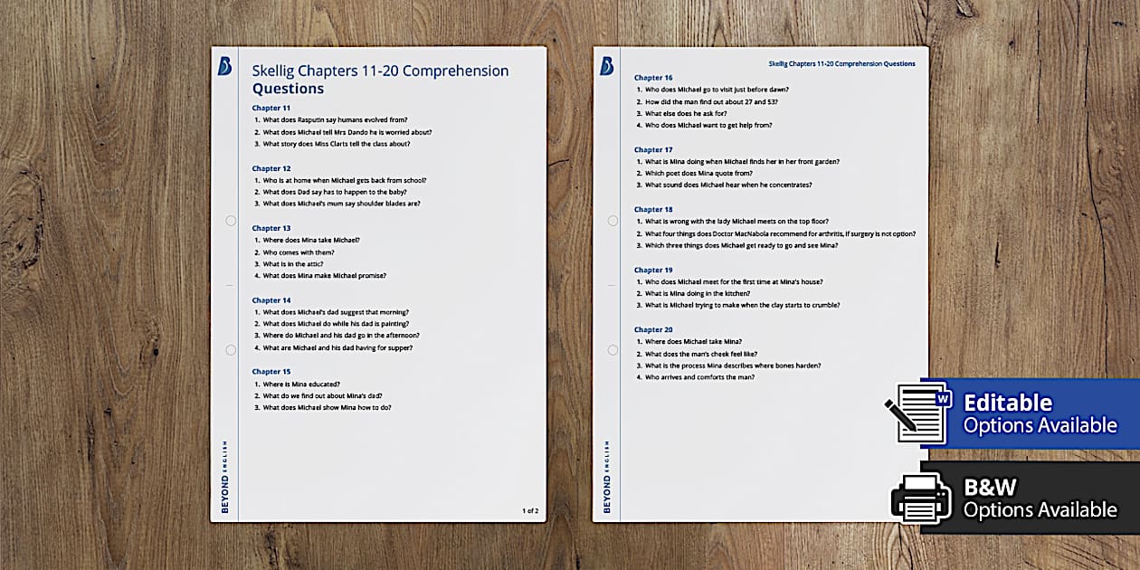 Skellig Chapters 11 - 20 Comprehension Questions - Twinkl