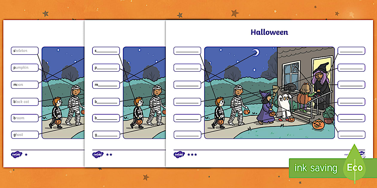 Higher Ability Halloween Aistear Labelling Differentiated Worksheets