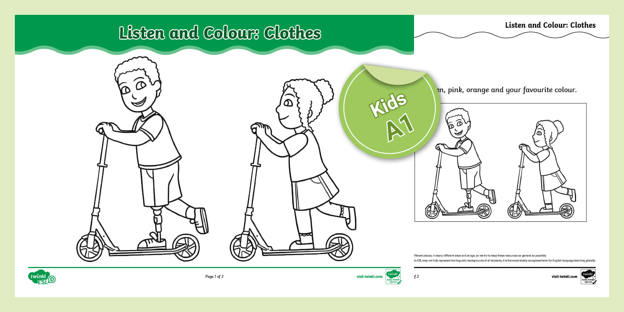 Listen and Colour Clothes Activity Sheet for Kids - Twinkl
