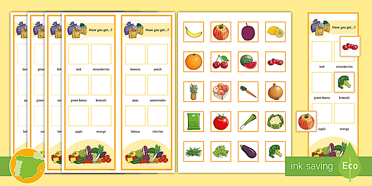 Editable Tarjetas de vocabulario A2: Fruta y verdura en inglés