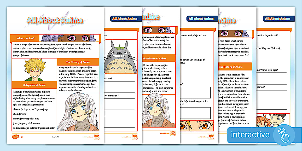 Anime Reading Comprehension - Interactive PDF for Children