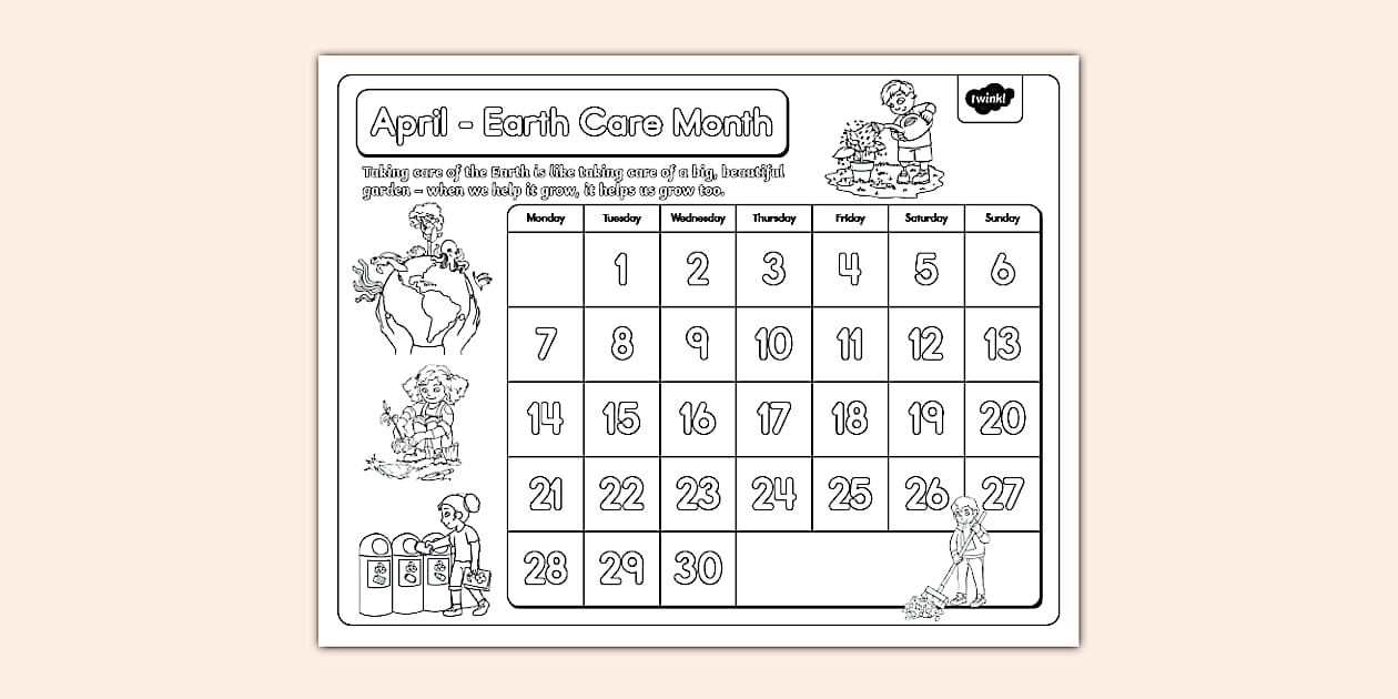 April Earth Care Colouring Calendar (teacher made) - Twinkl