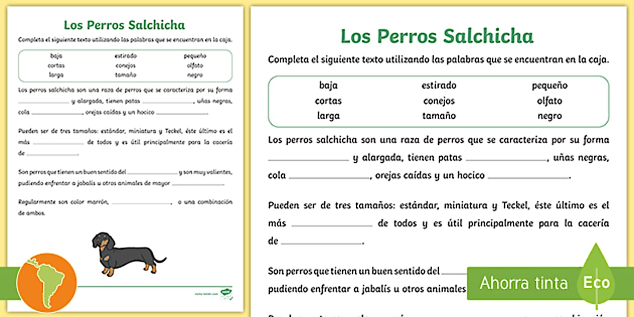 Completar textos - Perros Salchicha. Comprensión lectora- Guía de trabajo