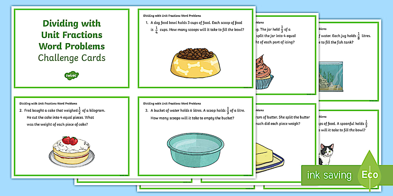Dividing with Unit Fractions Word Problems (Metric) Challenge Cards