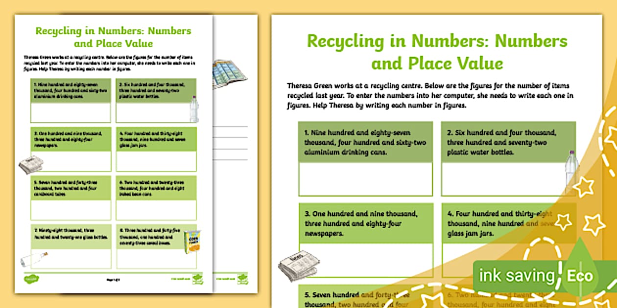 Recycling in Numbers: Reading and Writing Numbers Worksheet