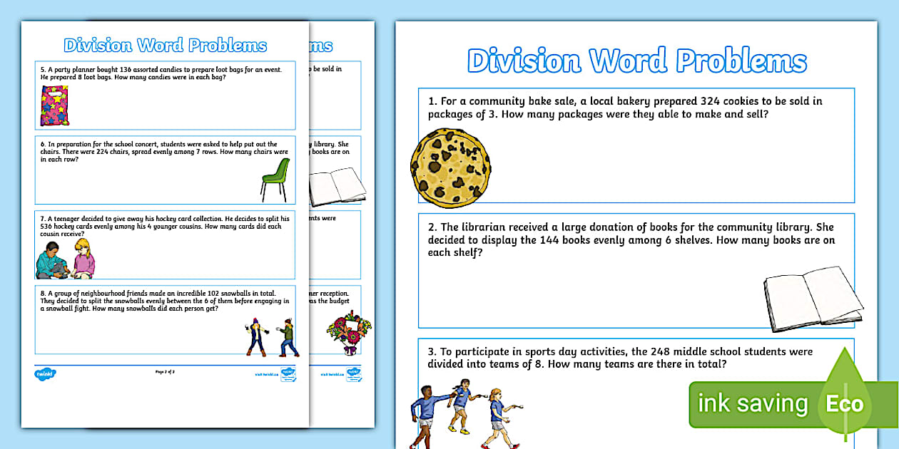 3-Digit by 1-Digit Division Word Problems Worksheet - Twinkl