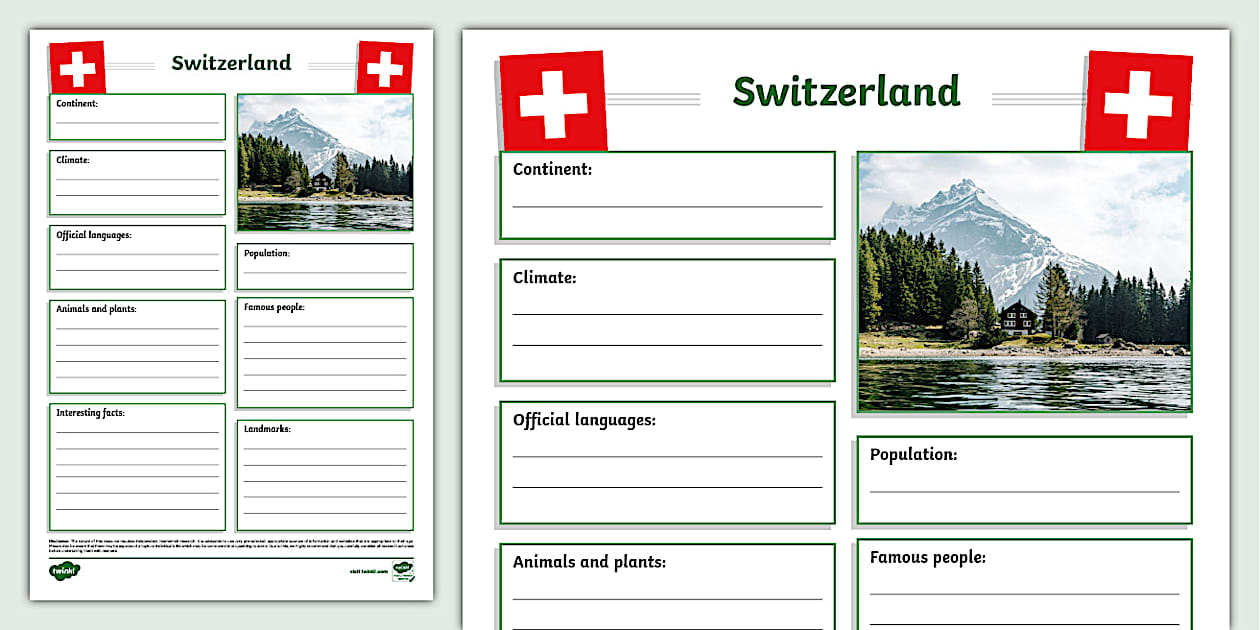 Switzerland Fact File Template, Switzerland, Europe - Twinkl