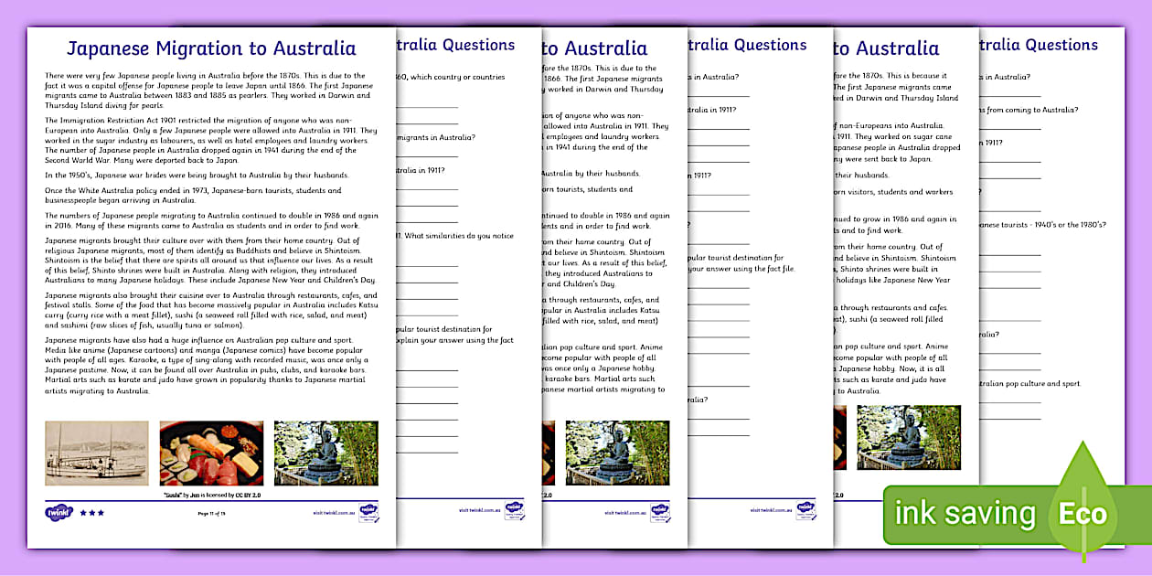 Japanese Migration to Australia Comprehension Sheets