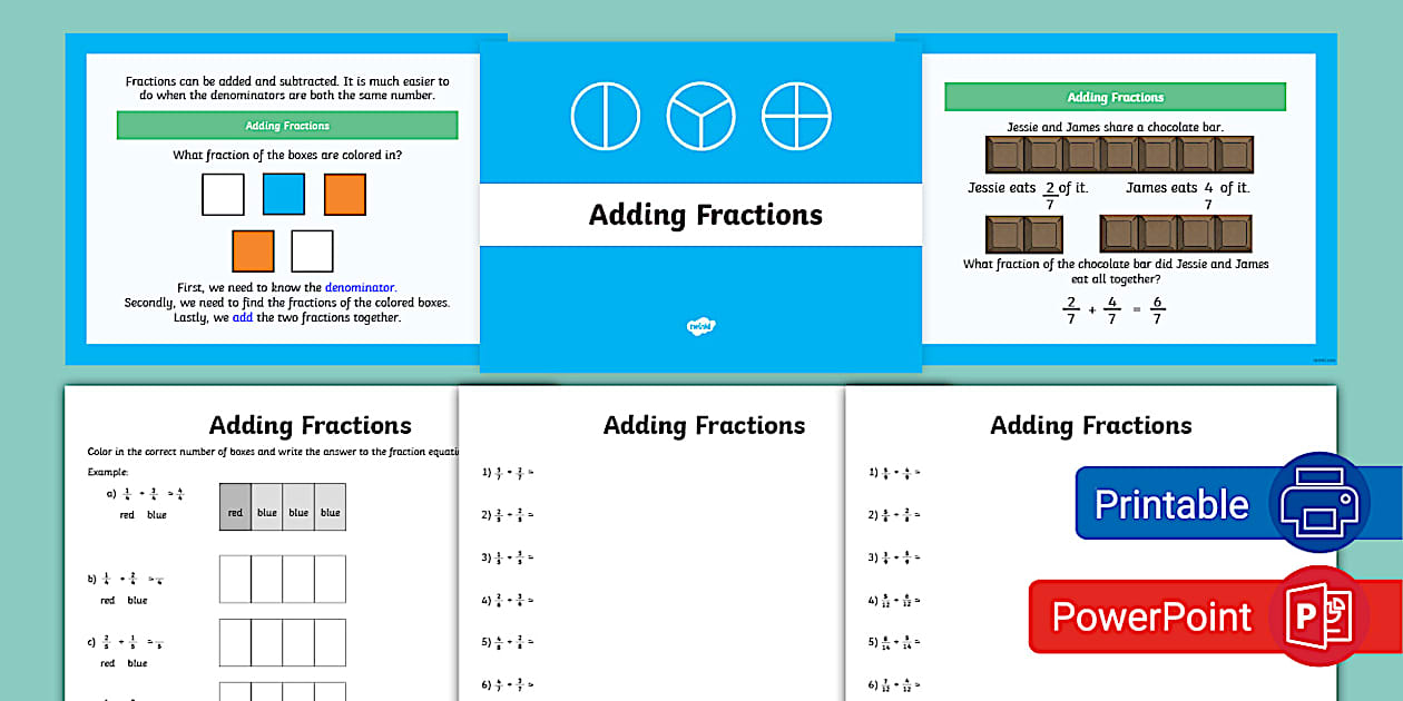 Adding Fractions PowerPoint and Worksheets Resource Pack