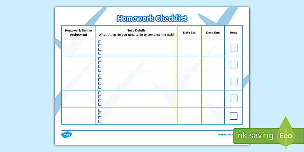 Editable Homework Checklist Template for Students - Twinkl