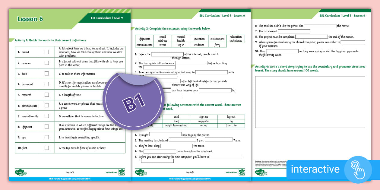 ESL Curriculum Level 9, Lesson 6 Interactive Activity Sheet