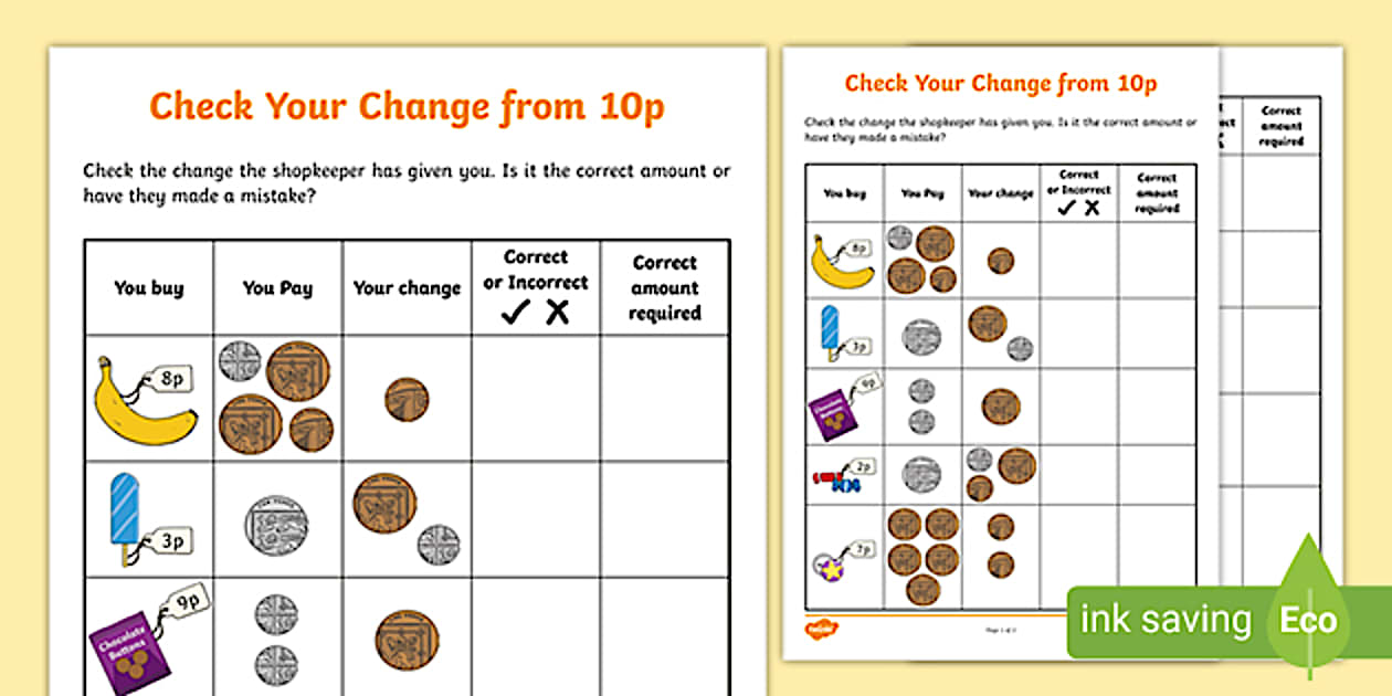 👉 Check Your Change from 10p Worksheet (teacher made)