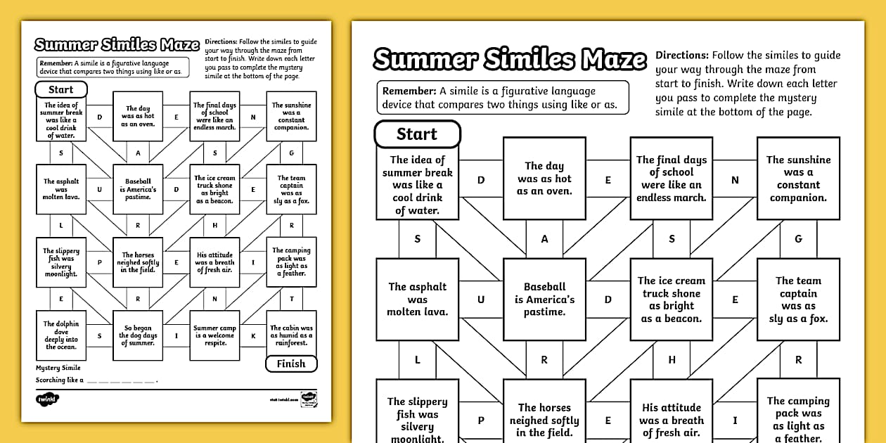 Summer Similes | Figurative Language Maze | Twinkl USA