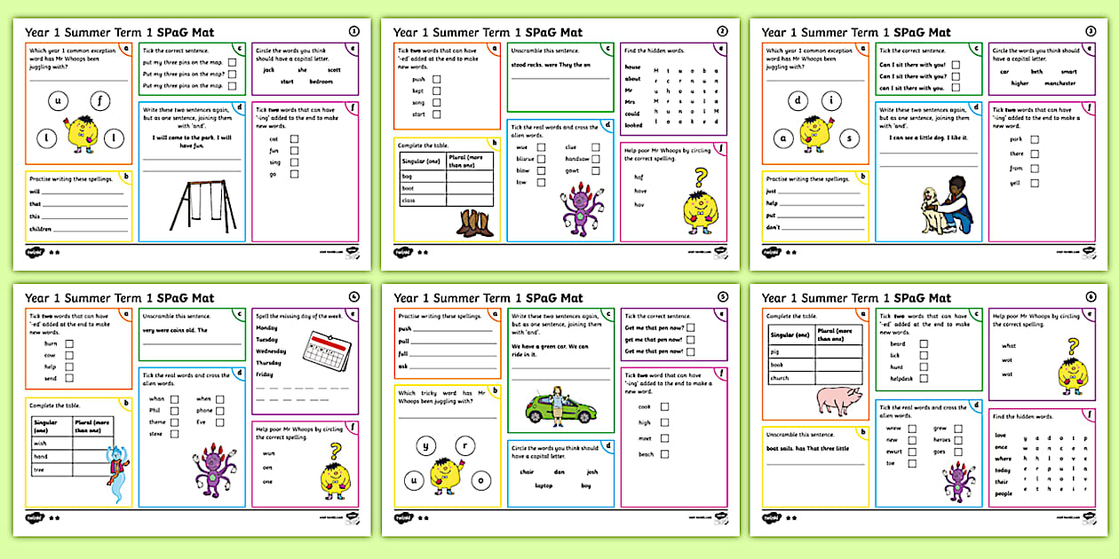 Year 1 Summer Term 1 SPaG Activity Mats - English Worksheets