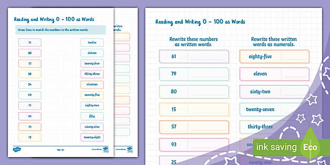👉 Reading and Writing 0 - 100 as Words (Ages 6 - 7)