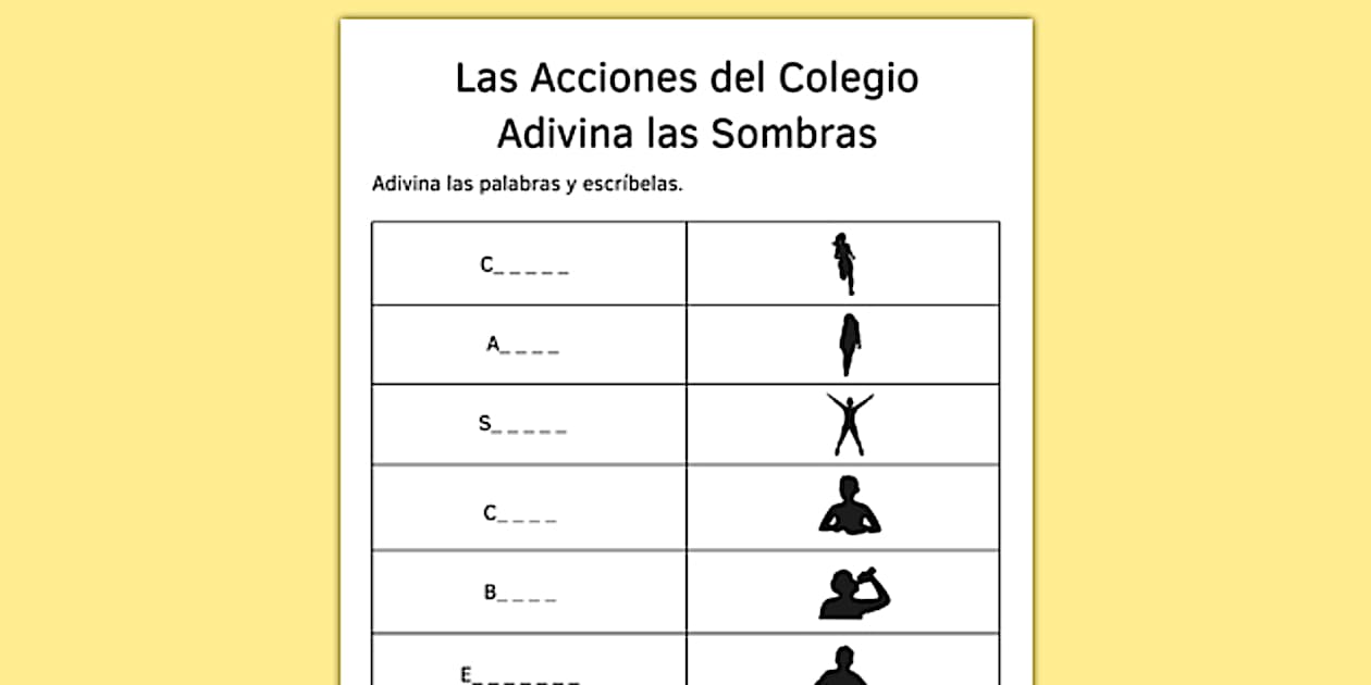 Las Acciones del Colegio Adivina las Sombras Spanish Shadows Worksheet