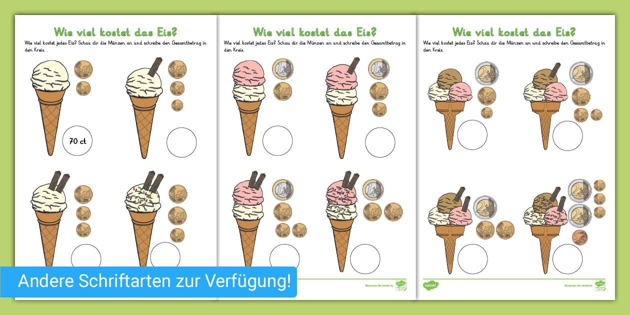 Wie viel kostet das Eis? - Arbeitsblatt - Twinkl