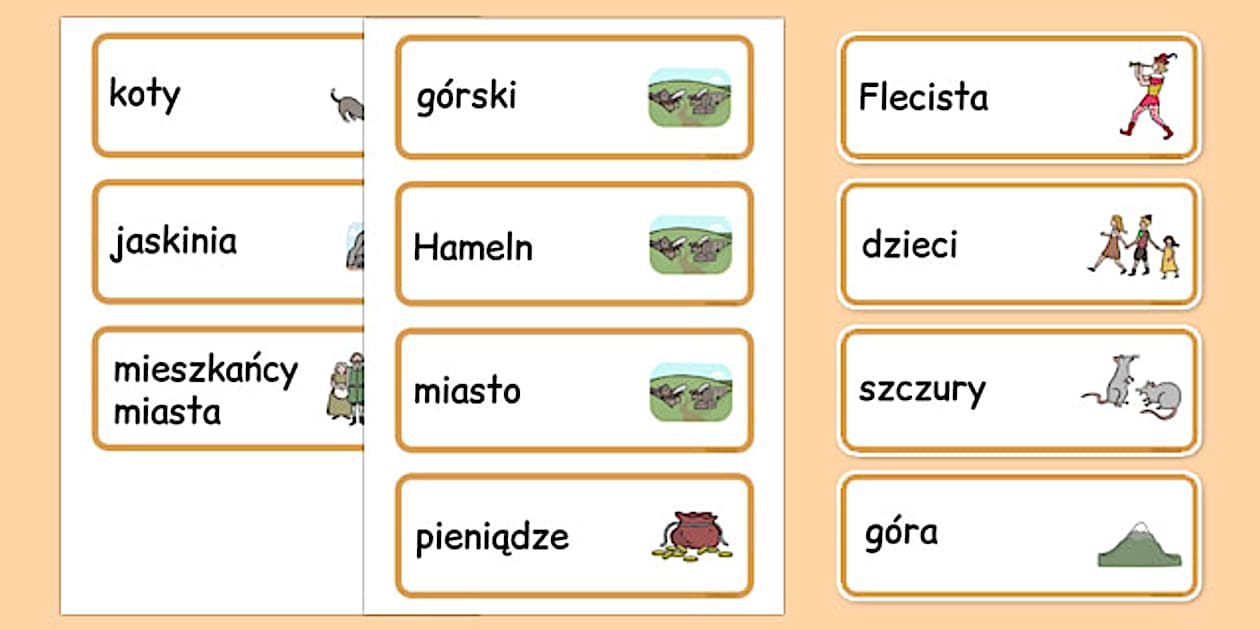 Karty ze słownictwem Flecista z Hameln po polsku - Twinkl