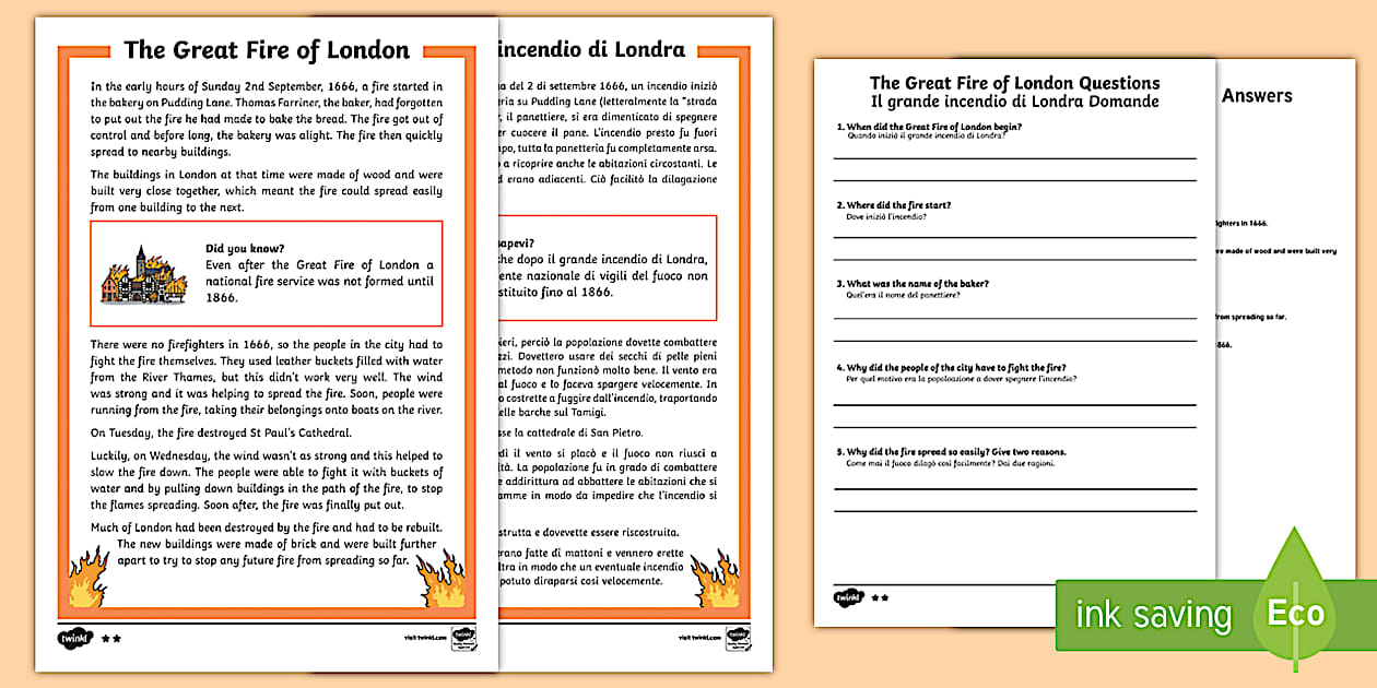 Lower Ability Great Fire of London Differentiated Reading Comprehension