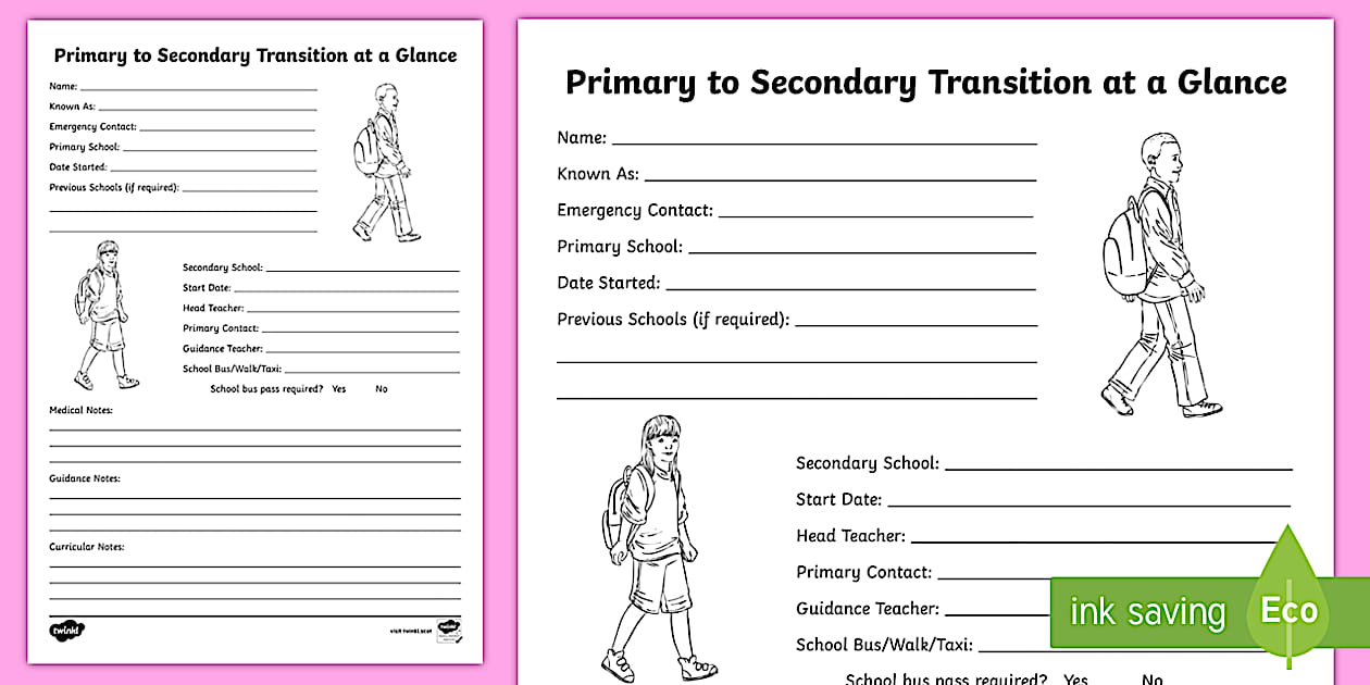 Primary to Secondary Transition at a Glance Record - Twinkl