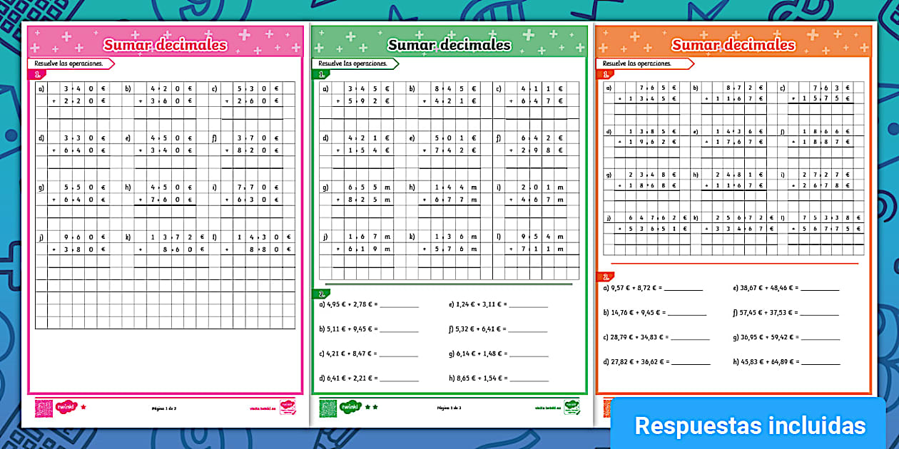 Ficha de actividad por niveles: Sumar decimales - Twinkl